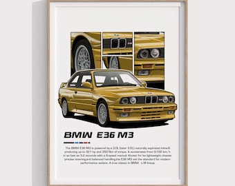 BMW Vintage Poster E36 M3 Original Car Wall Art Print - Etsy