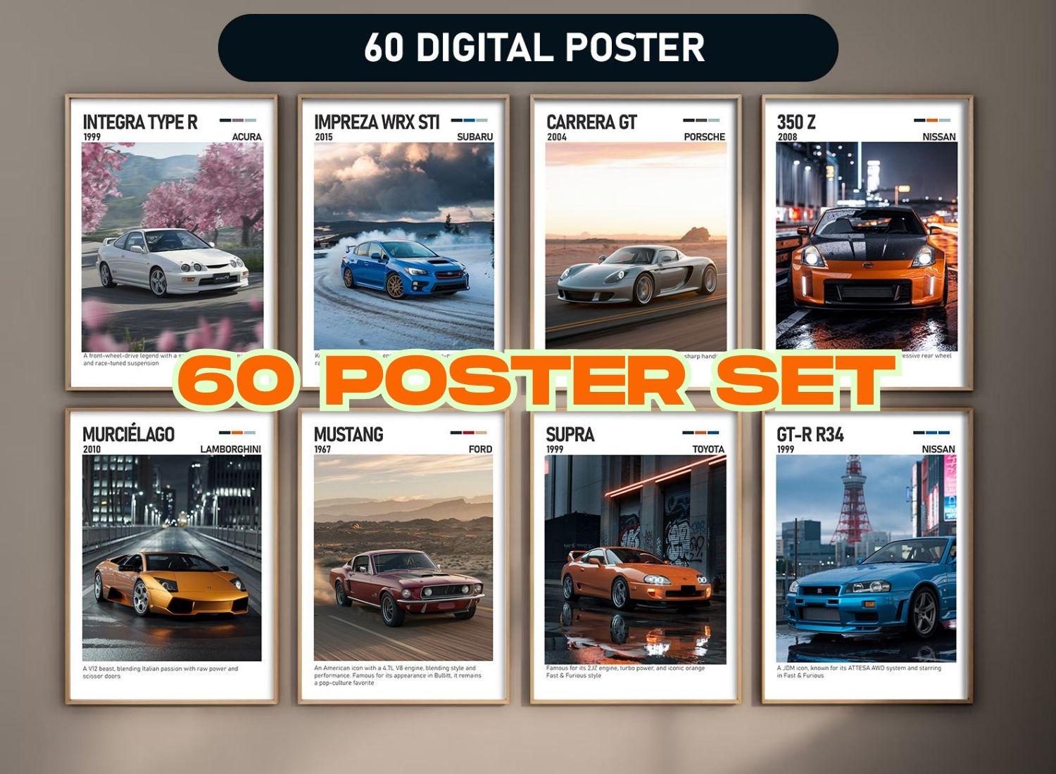 Set of 60 Most Popular Car Posters | Digital Download Gift for Car Fans ...