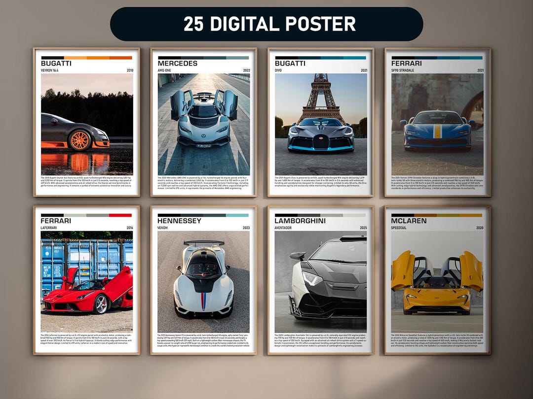 Set of 23 Supercar Posters Automotive Home Wall Art Cool Racing Prints ...