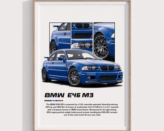 BMW E46 M3 Poster Car Print - Retro Wall Decor - Mid-century Modern - Automotive Art - Vintage ...