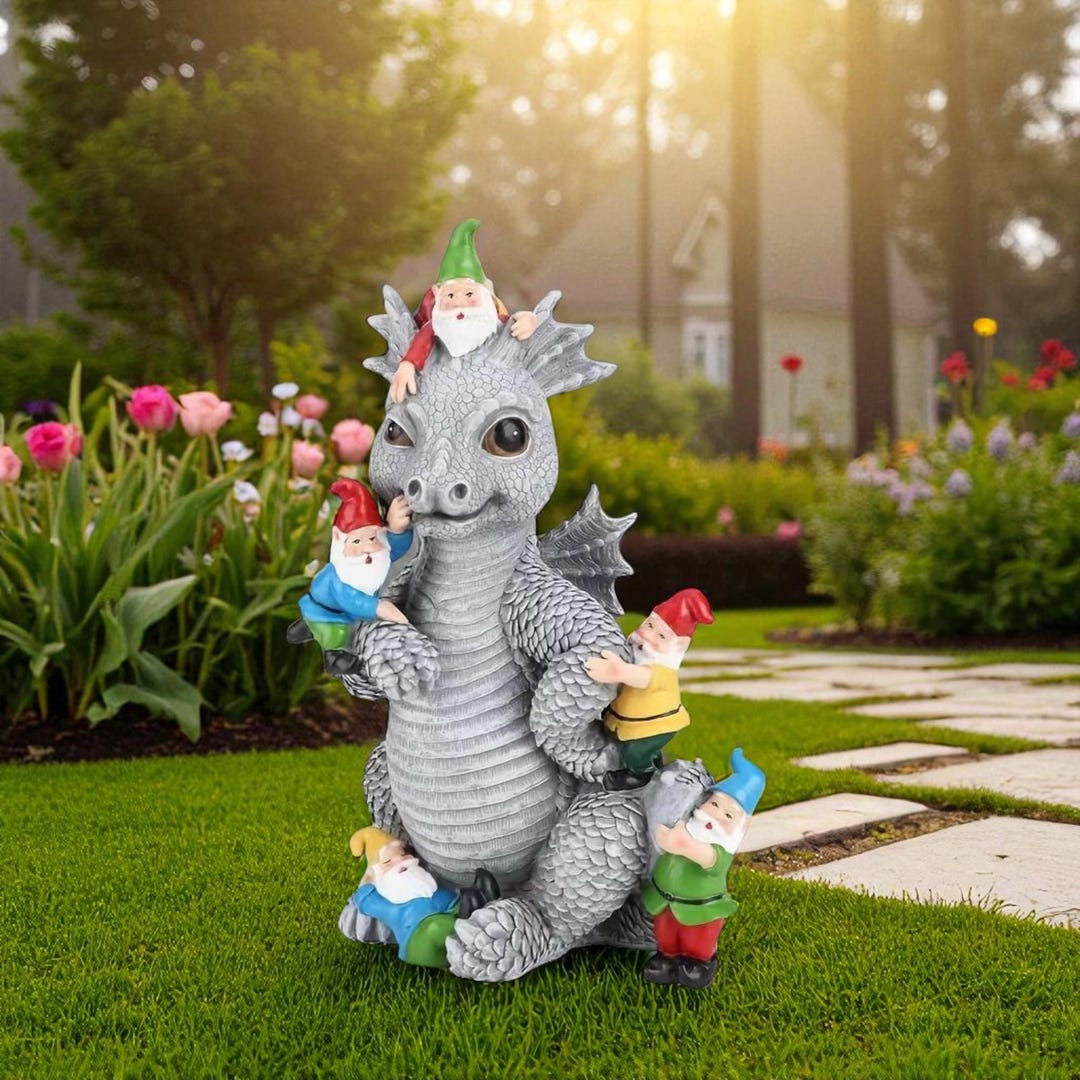 Dragon and Gnomes Garden Statue – Fantasy Dragon Holding Climbing ...