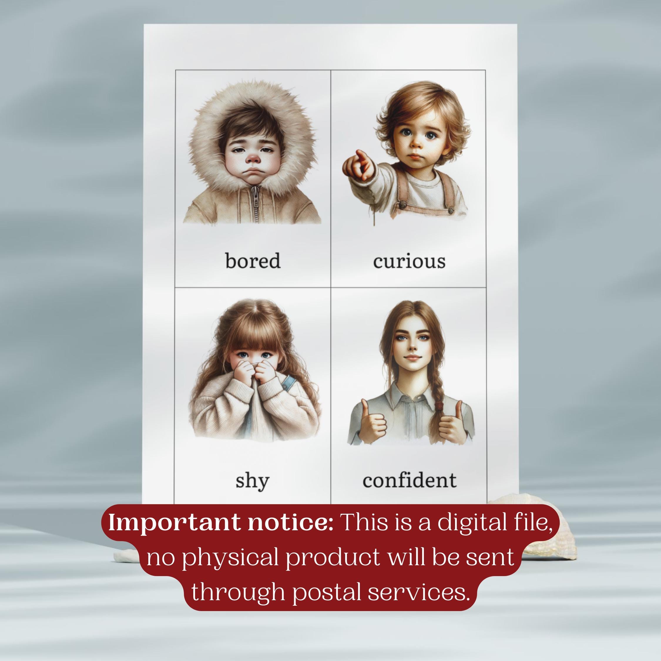Emotion Picture Flashcards for Kids 28 Watercolor Montessori 3 Part ...