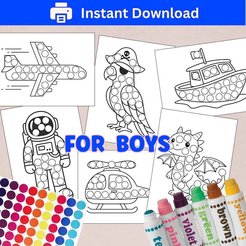 Dot Sticker Activity Printable for Boys, Do a Dot Pages, Preschool ...