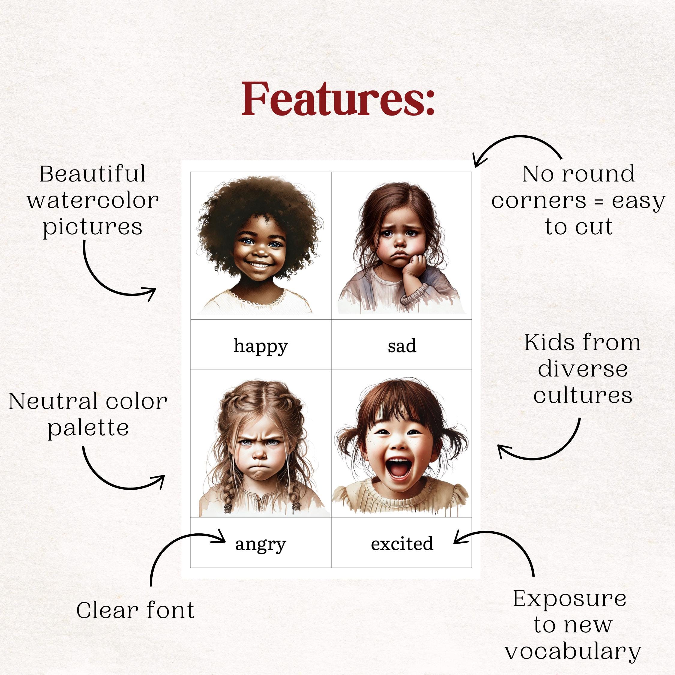 Emotion Picture Flashcards for Kids 28 Watercolor Montessori 3 Part ...