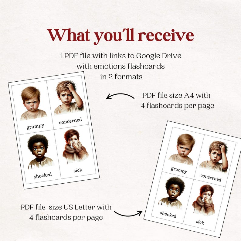 Emotion Picture Flashcards for Kids 28 Watercolor Montessori 3 Part ...