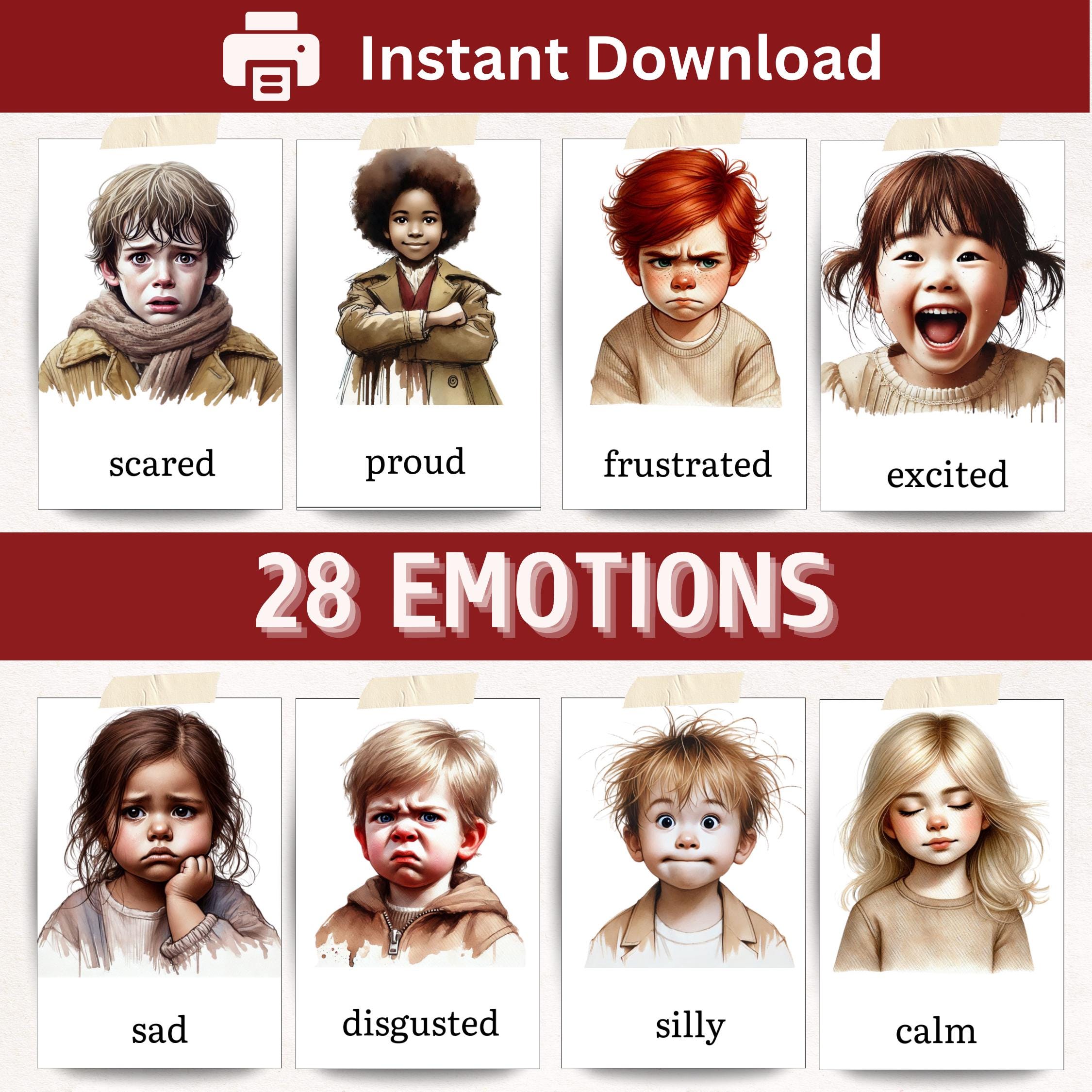 Emotion Picture Flashcards for Kids 28 Watercolor Montessori 3 Part ...