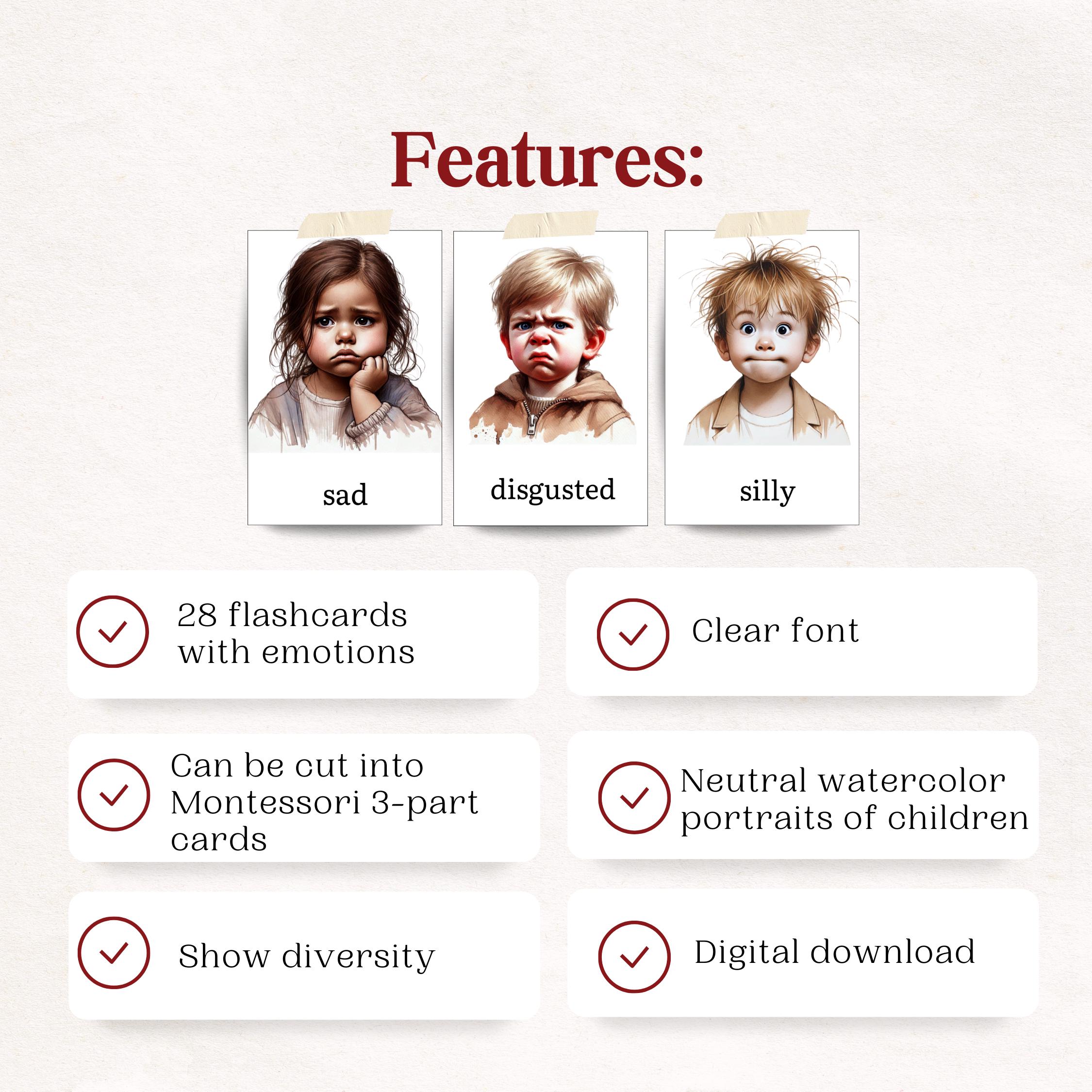Emotion Picture Flashcards for Kids 28 Watercolor Montessori 3 Part ...