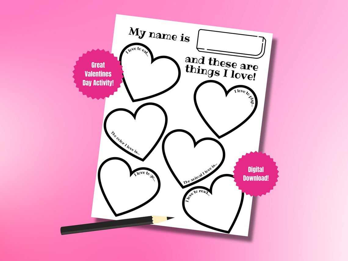 Things I Love Worksheet, Valentines Day Worksheet, Valentines Day ...