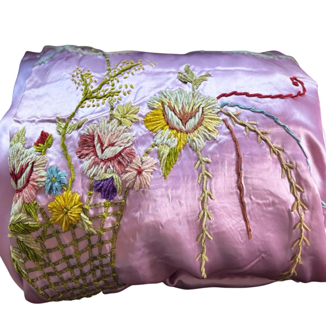 RARE ANTIQUE Textile 1900 Edwardian Society Silk Bedspread Embroidery ...