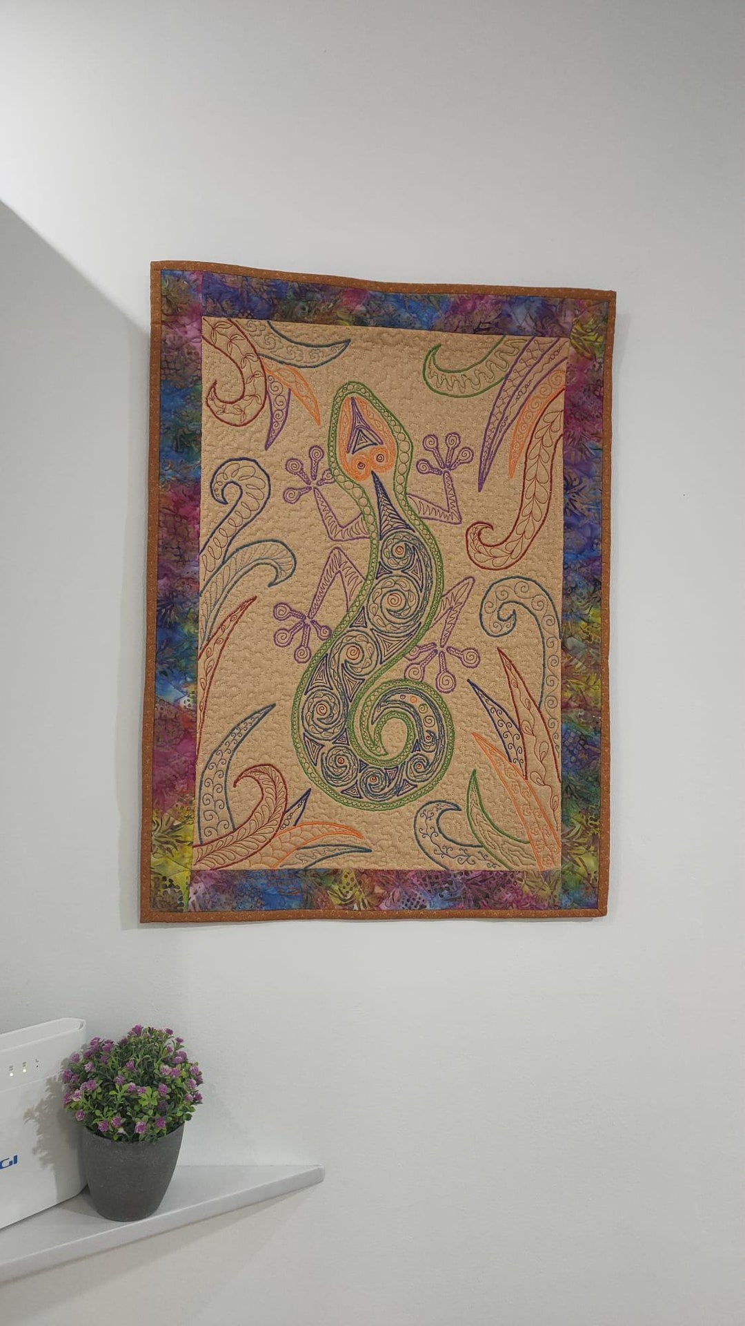 Quilted Tixtile Art "salamander", Wall Art Decor, Freemotion Quilting ...