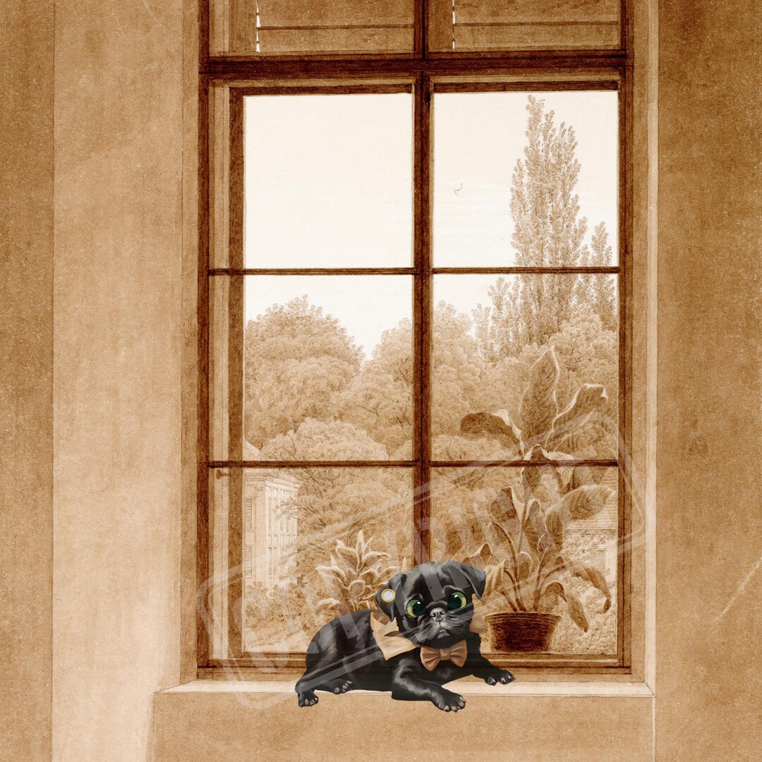 Friedrich Caspar David Window Looking Over, Dog Print, Black Pug Dog ...