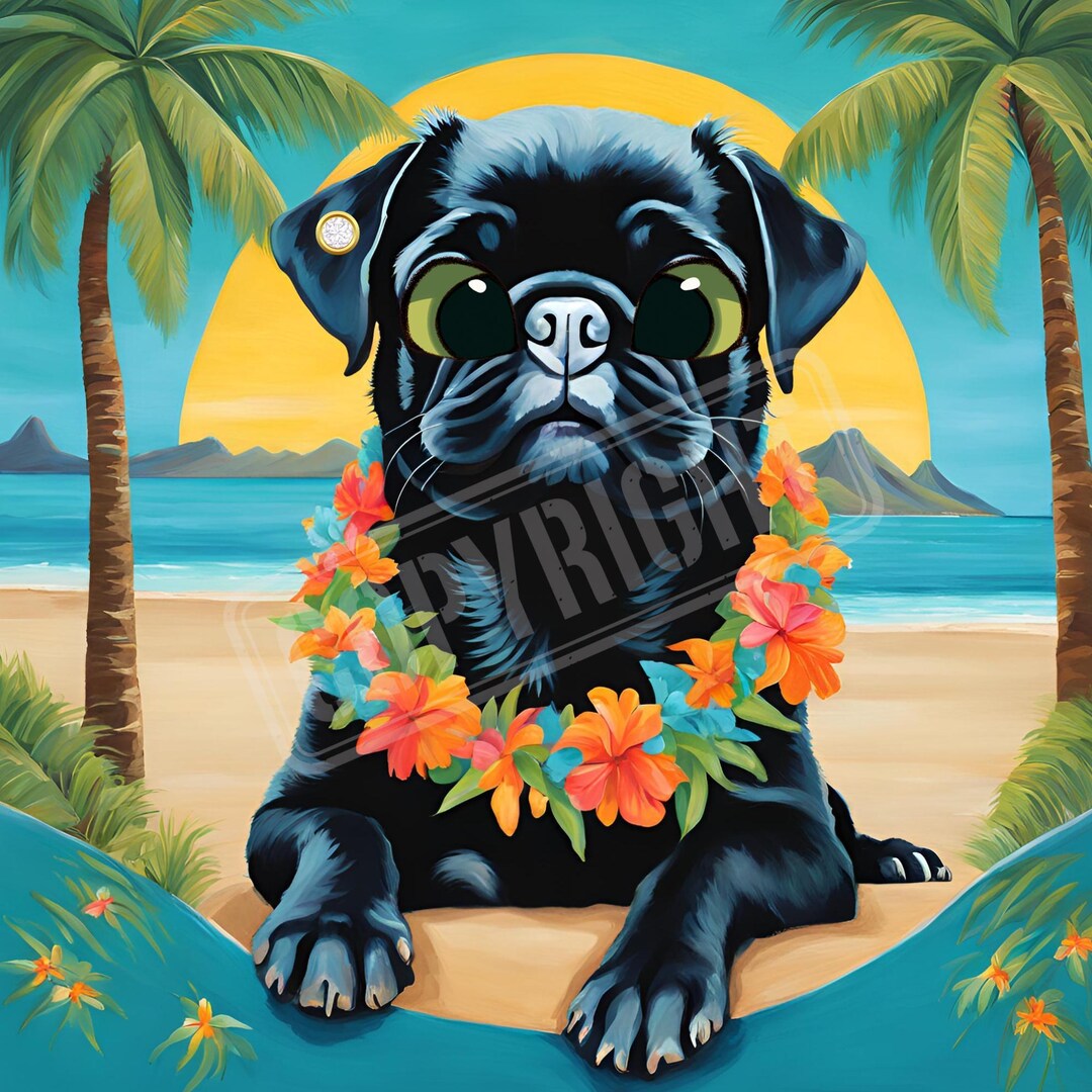 Pug in Hawaii, Quirky Dog Print, Black Pug, Dog Art Print, Funny Gift ...