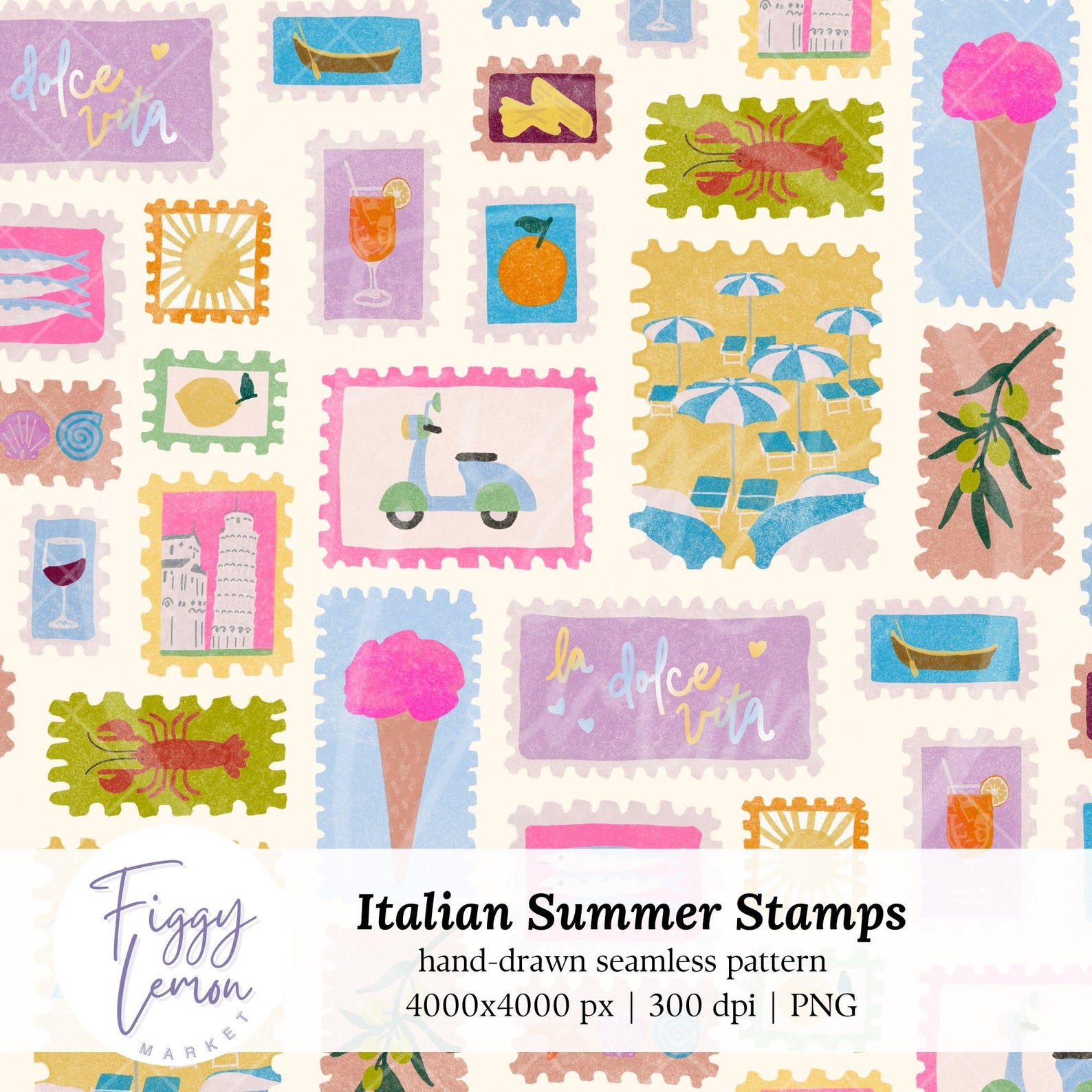 Italian Summer Stamps Aesthetic Hand Drawn Seamless Pattern 300 DPI PNG ...