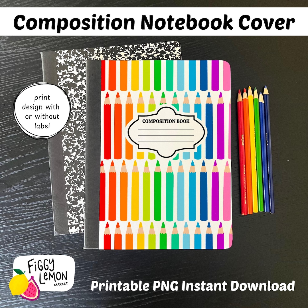 Rainbow Colored Pencils Printable Composition Notebook Cover PNG | Back ...