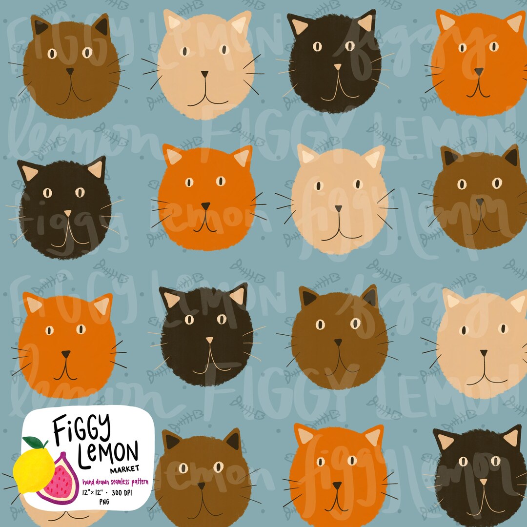Happy Cats Hand Drawn Seamless Pattern 300 DPI PNG Download for Digital ...