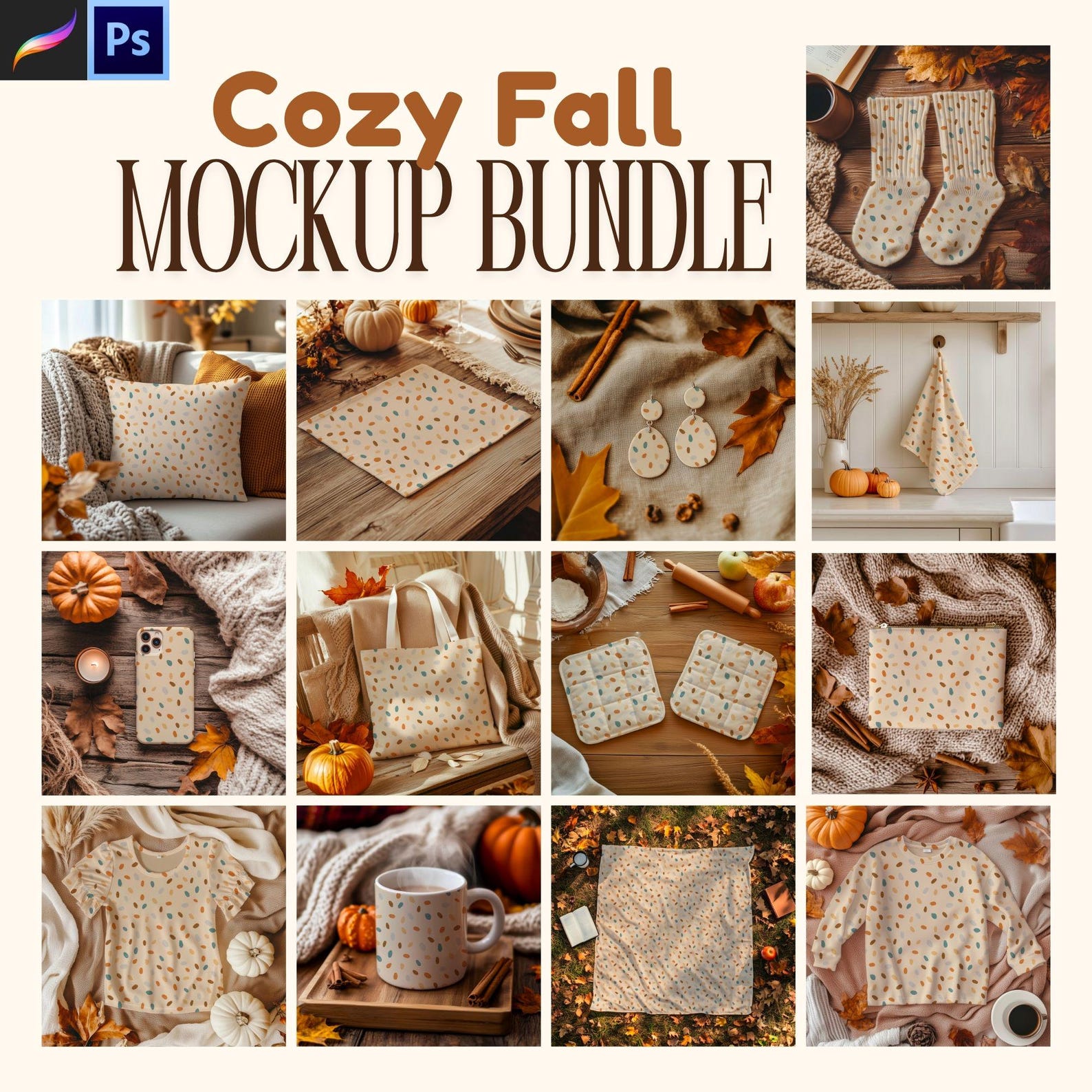 Cozy Fall 13 Products Mockup Bundle for Procreate Photoshop Seamless ...