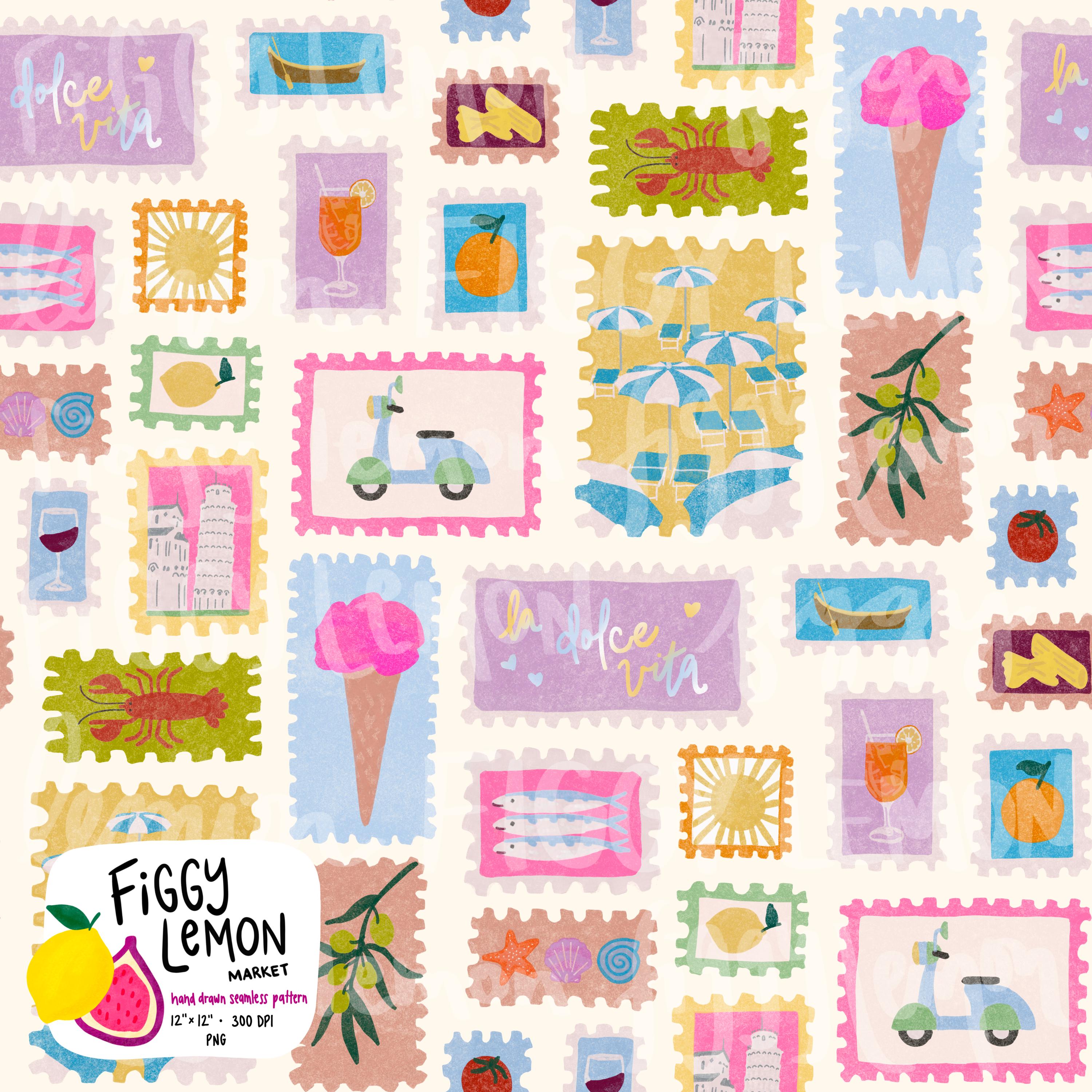 Italian Summer Stamps Aesthetic Hand Drawn Seamless Pattern 300 DPI PNG ...