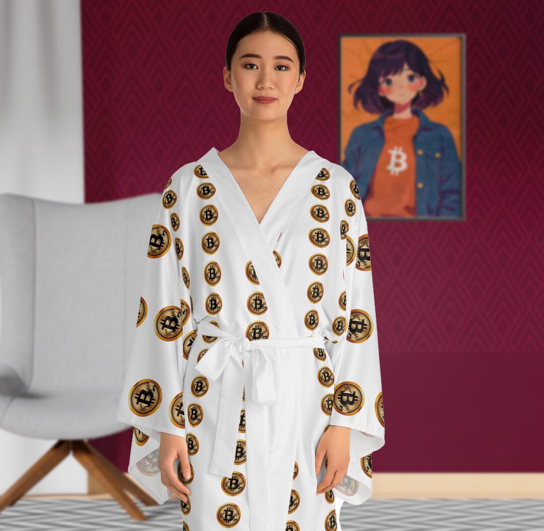 Women's Long Sleeve Kimono Robe Crypto Loungewear Stylish Home Outfit ...
