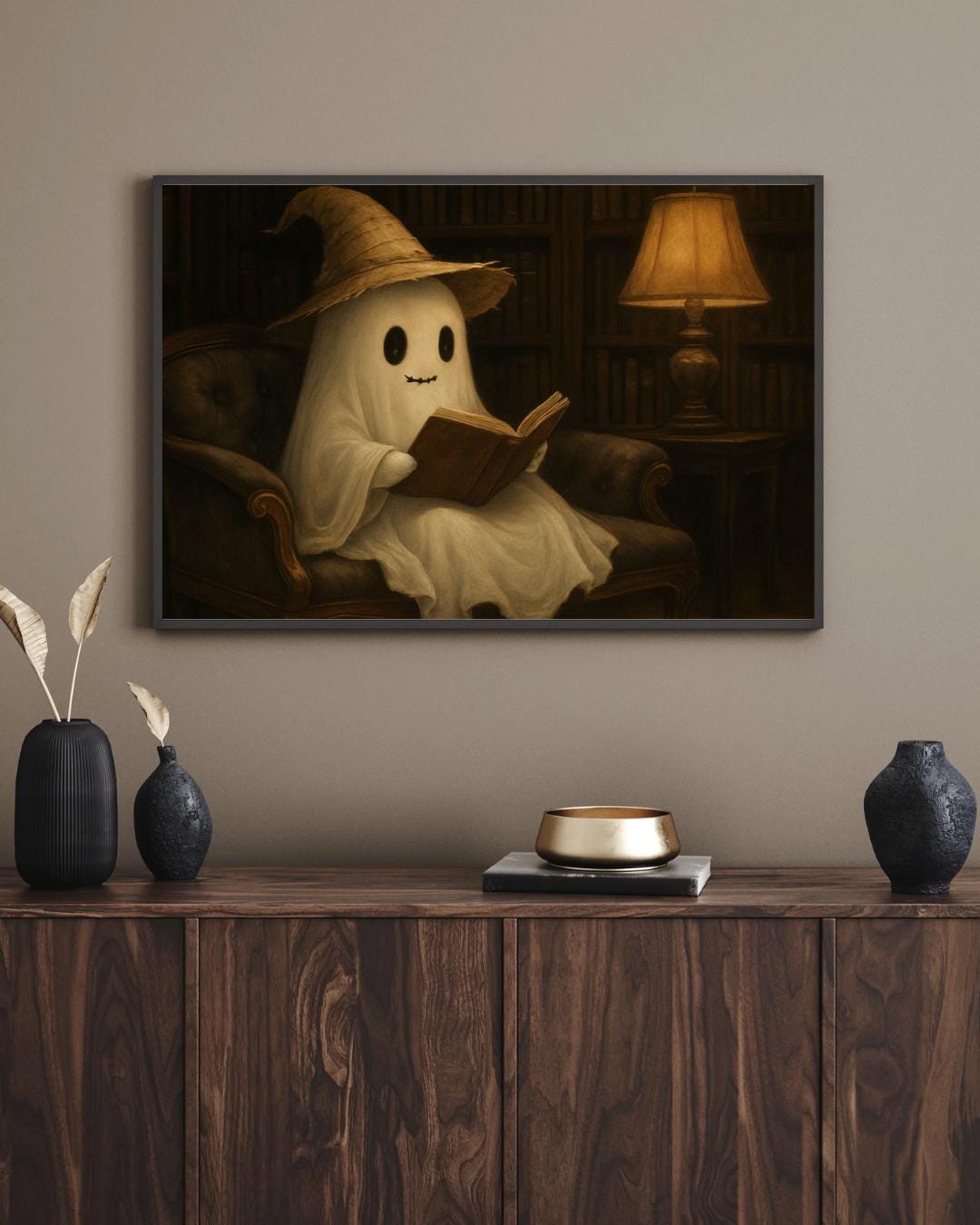 Ghost Reading Art Print | Cute Halloween Wall Decor | Cozy Library ...