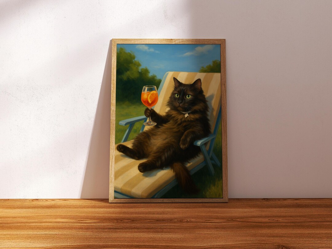 Custom Cat Portrait – Funny Aperol Spritz Cat Art Print, Relaxed Pet ...