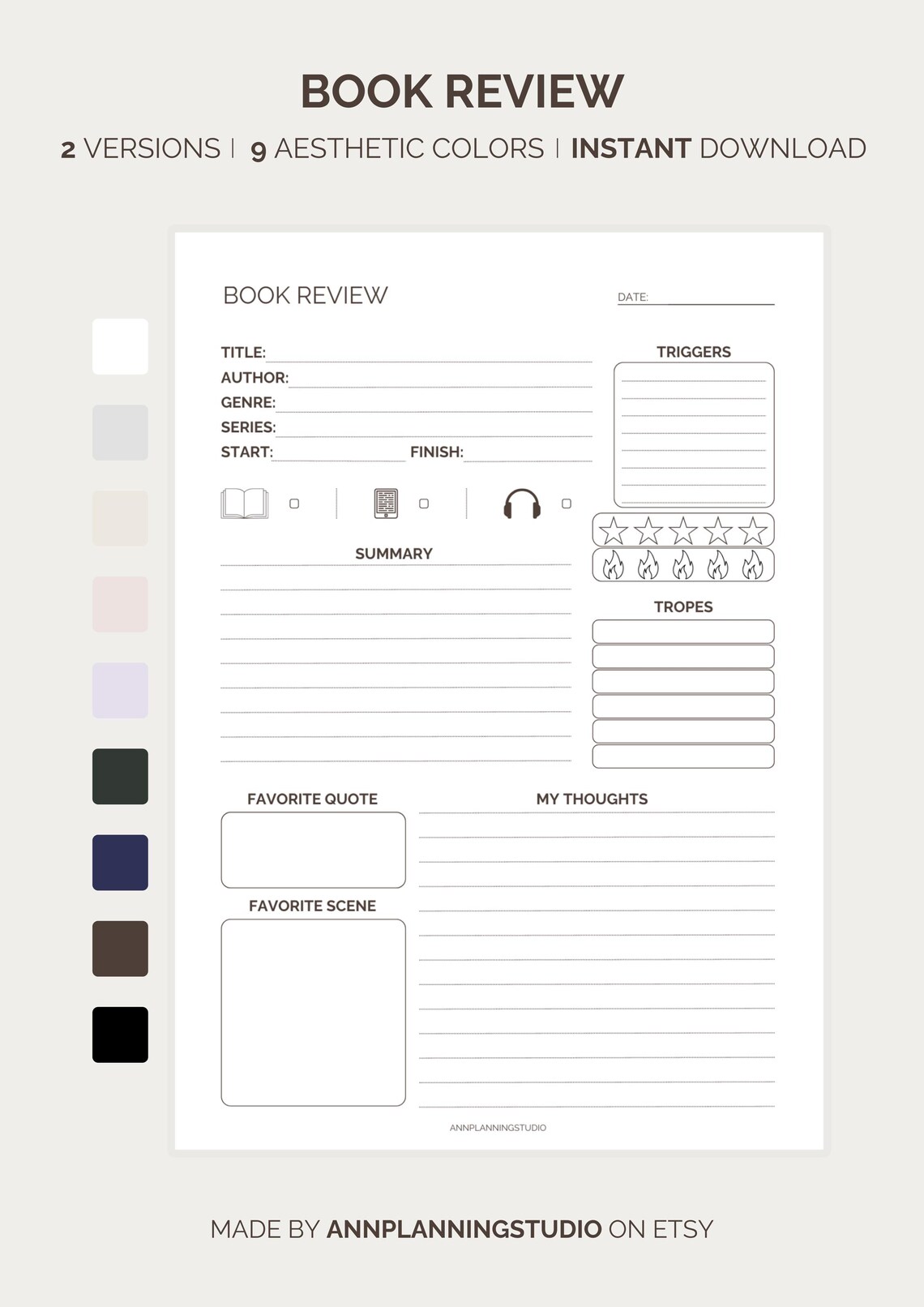 Printable Book Review With Tropes and Triggers, Reading Tracker ...