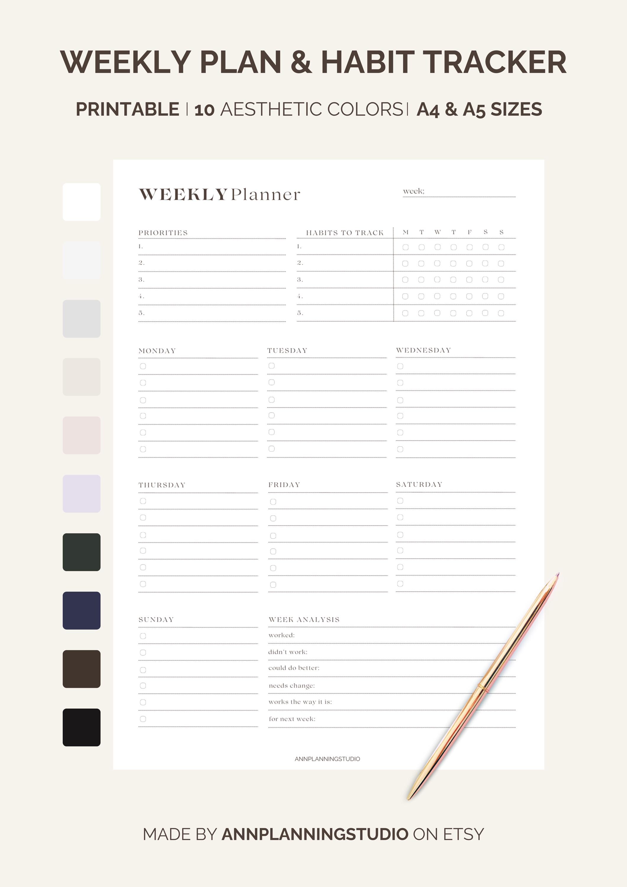 Weekly Planner and Habit Tracker, Printable Weekly Planner, Printable ...