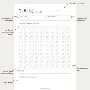 100 Day Challenge Printable Portrait, Progress Tracker, Goal Setting ...