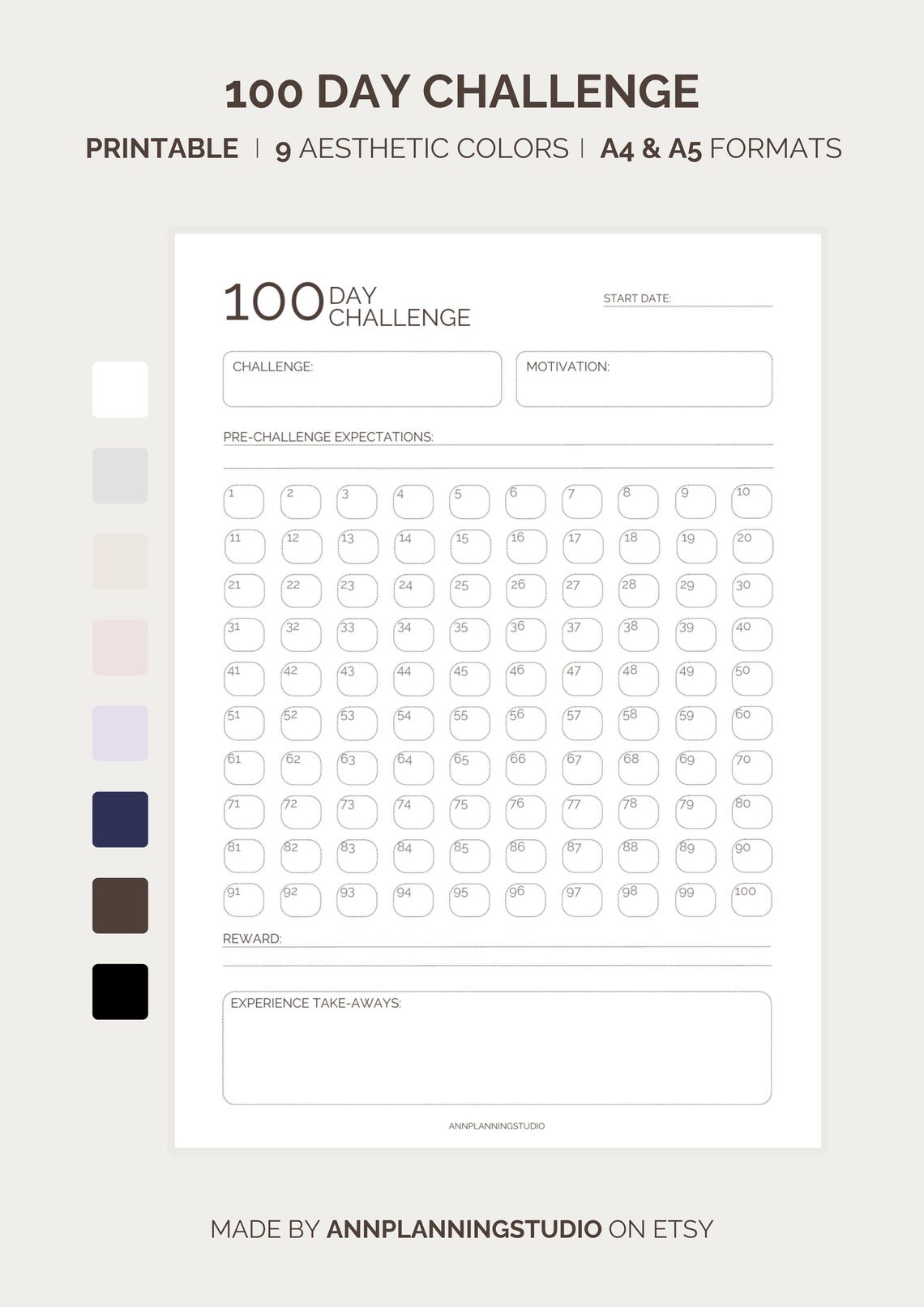 100 Day Challenge Printable Portrait, Progress Tracker, Goal Setting ...