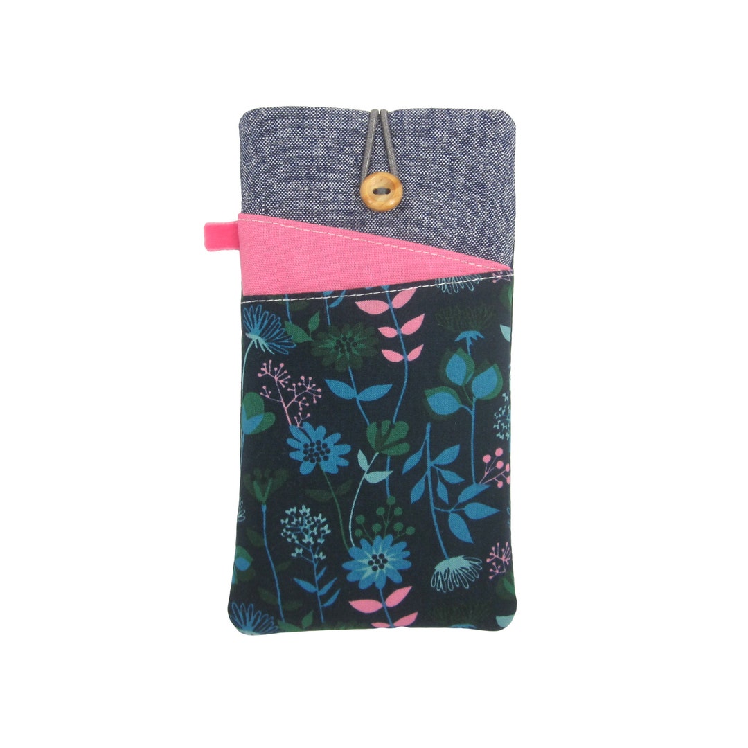 Navy & Pink Phone Sleeve. Padded iPhone 15 Pouch. Galaxy S24 Fabric ...