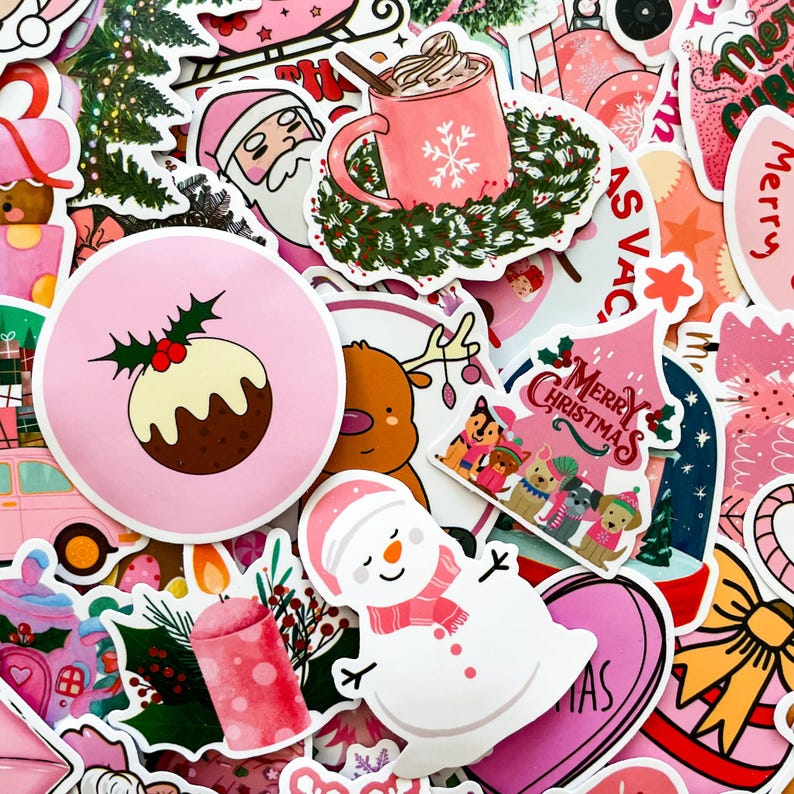 50pcs Christmas Sticker Pack, Cute Pink Santa Stickers, Holiday ...