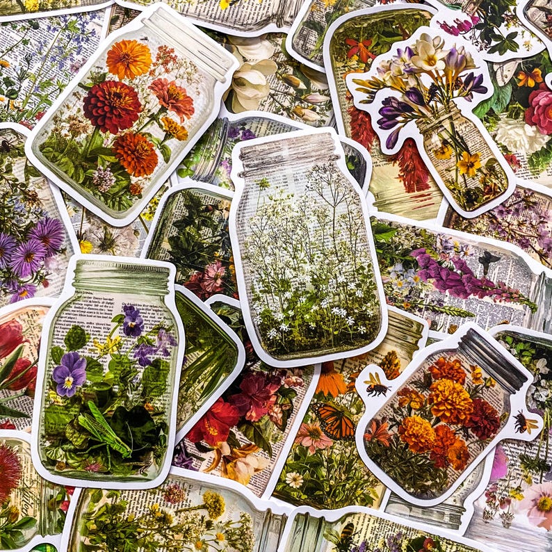 50PCS Vintage Jar Floral Stickers, Flower Botanical Aesthetic Stickers ...