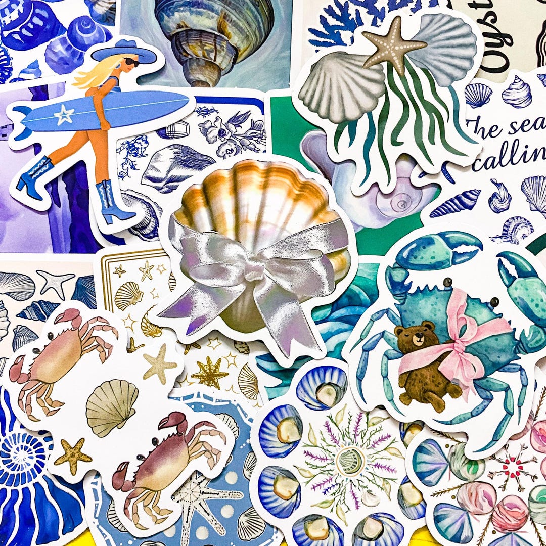 50PCS Sea Themed Stickers Pack, Crab & Jellyfish Stickers, Coastal ...