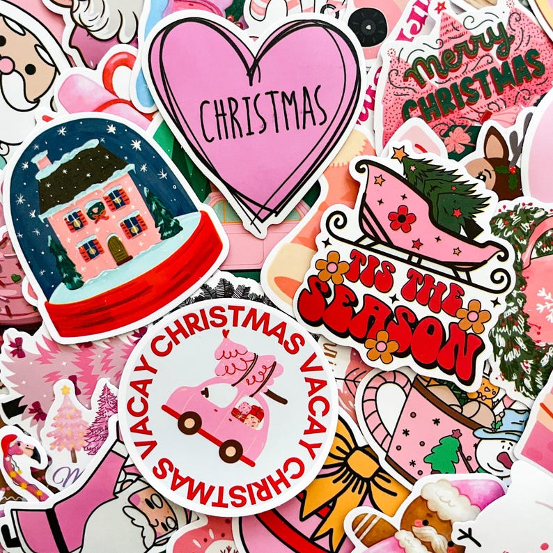 50pcs Christmas Sticker Pack, Cute Pink Santa Stickers, Holiday ...