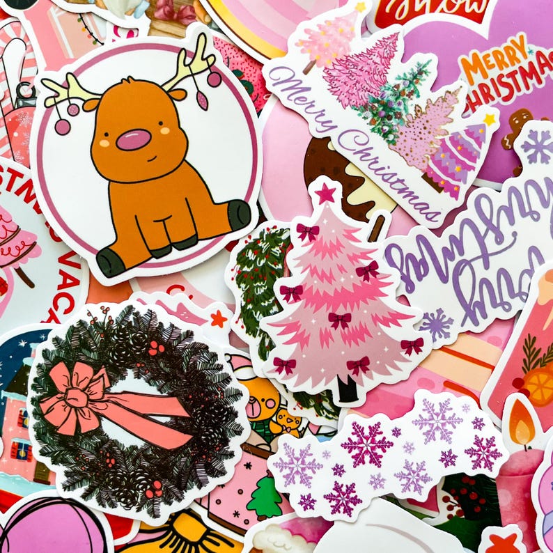 50pcs Christmas Sticker Pack, Cute Pink Santa Stickers, Holiday ...