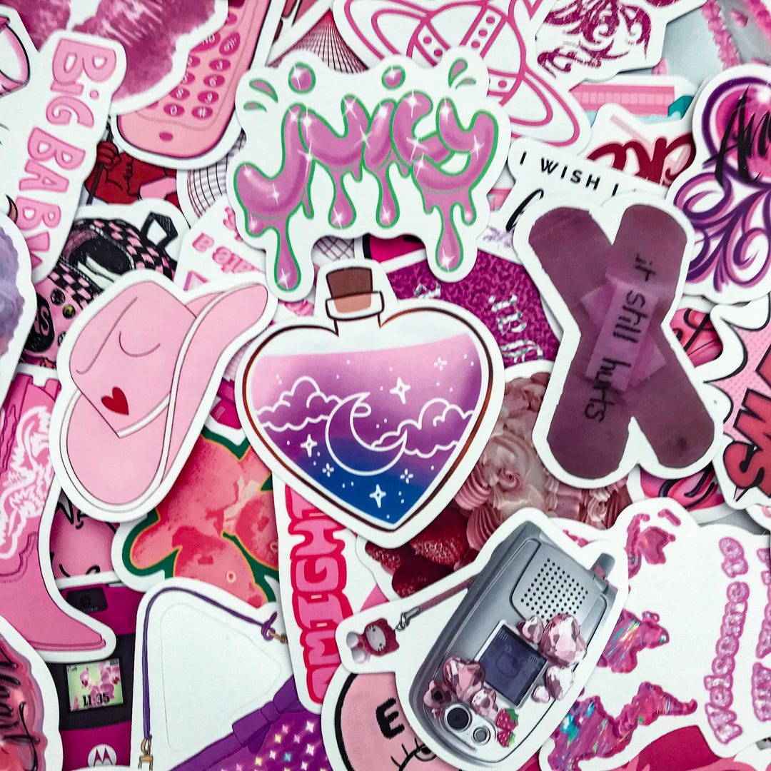 50 Random Pink Stickers, Retro Stickers, Kawaii Pink Heart Stickers ...