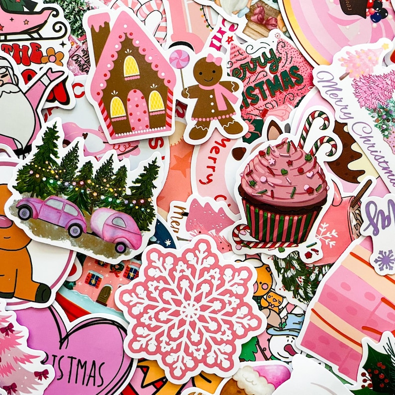 50pcs Christmas Sticker Pack, Cute Pink Santa Stickers, Holiday ...
