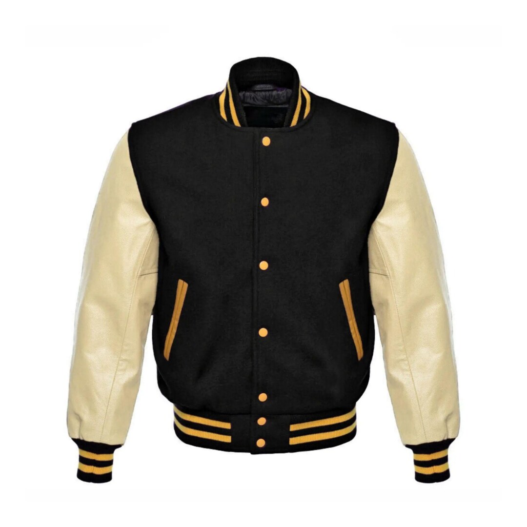 Melton Wool Varsity Jacket: Black & Beige Leather Sleeves, Quilted ...
