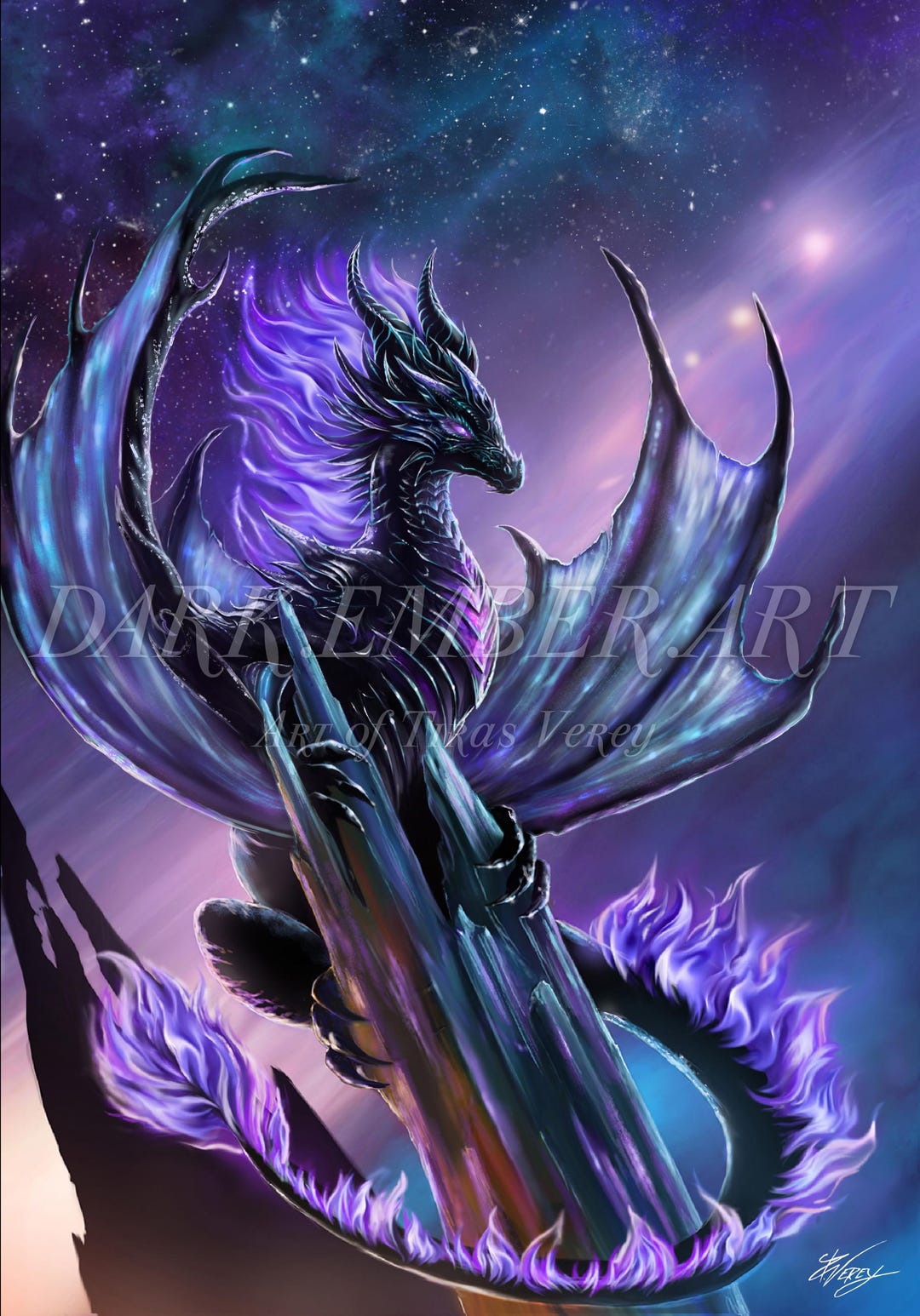 Galactic Dragon Art Print, Cosmic Fantasy Illustration (HD Printable ...