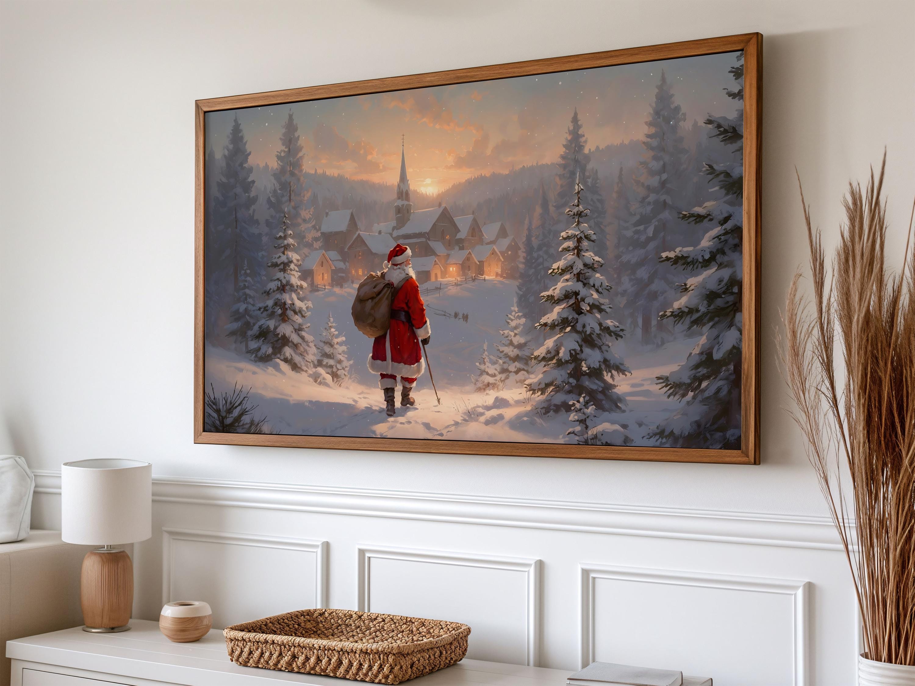Vintage Santa in Snowy Village Frame TV Art | Holiday Winter Wonderland ...