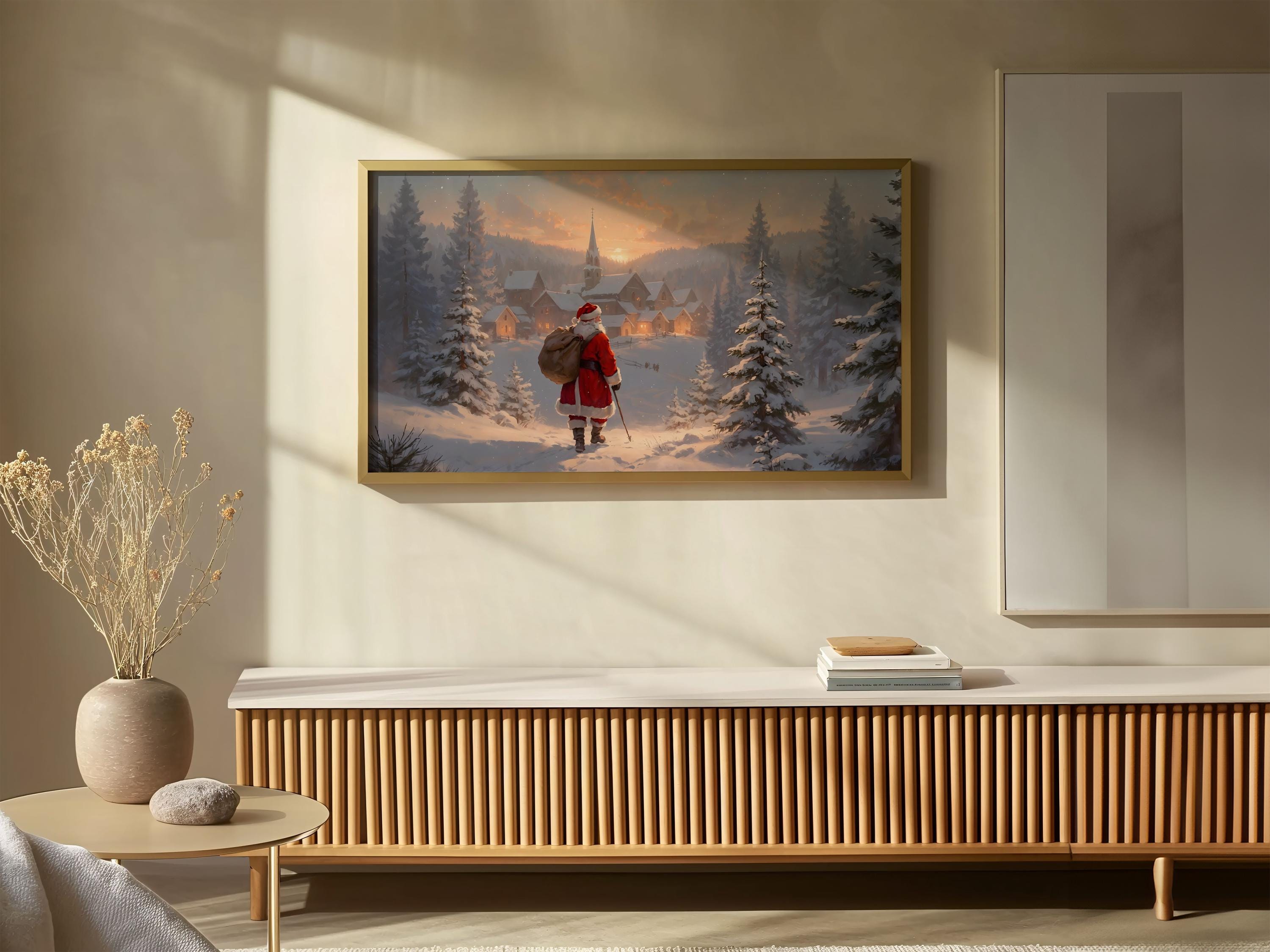 Vintage Santa in Snowy Village Frame TV Art | Holiday Winter Wonderland ...