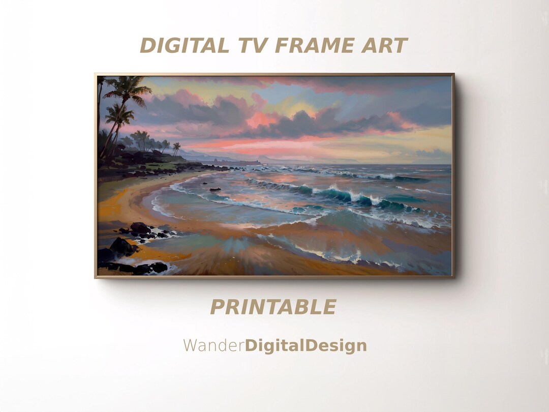 Tropical Beach Frame TV Art, Sunset Ocean Waves Painting, Serene ...