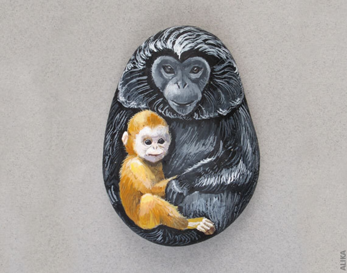 Mothers Day Gift Mother and Baby Monkey Painted Rock Hand Painted Stone ...