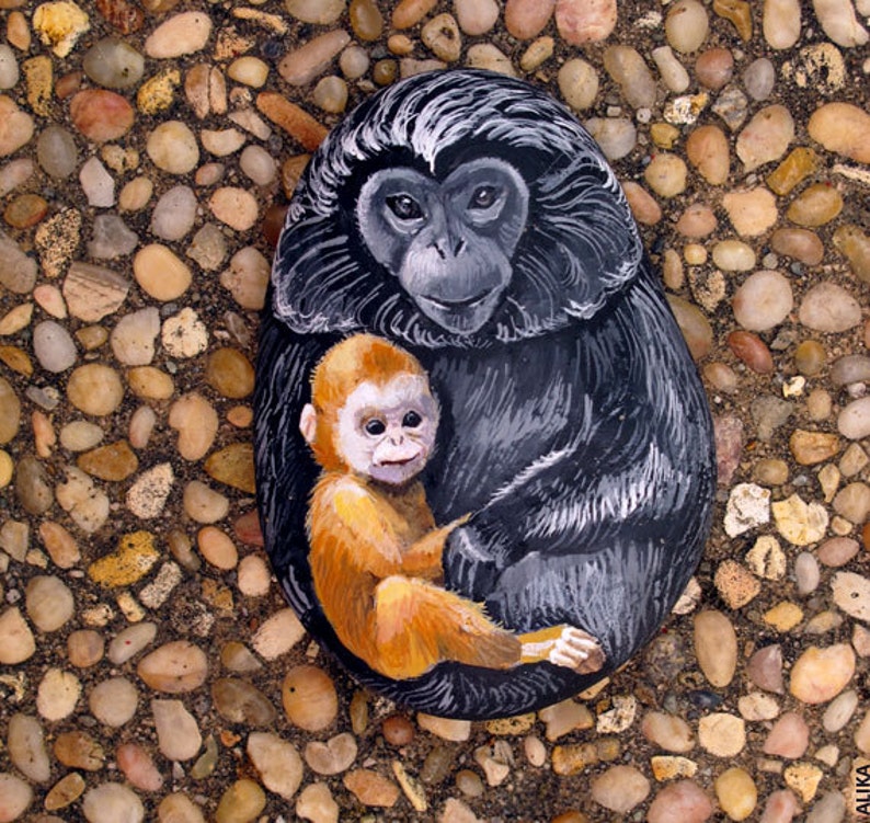 Mothers Day Gift Mother and Baby Monkey Painted Rock Hand - Etsy