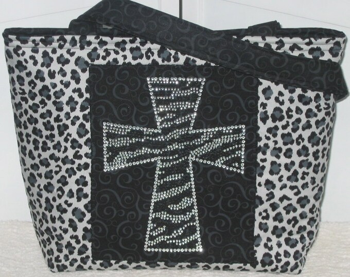 Rhinestone Animal Print Cross Tote / Black and Grey Leopard - Etsy