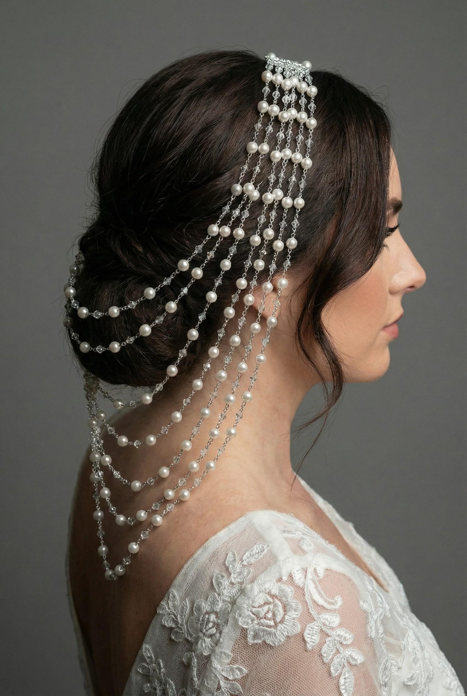Pearl Bridal Hair Drape, Back Headpiece for Low Bun, Romantic Veil ...