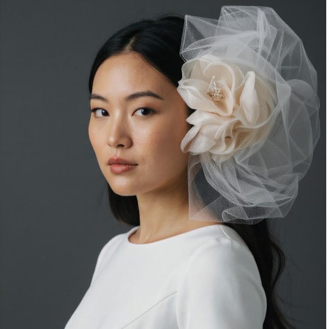 Ivory Floral Bridal Fascinator, Silk Flower Veil Headpiece, Tulle Pouf ...