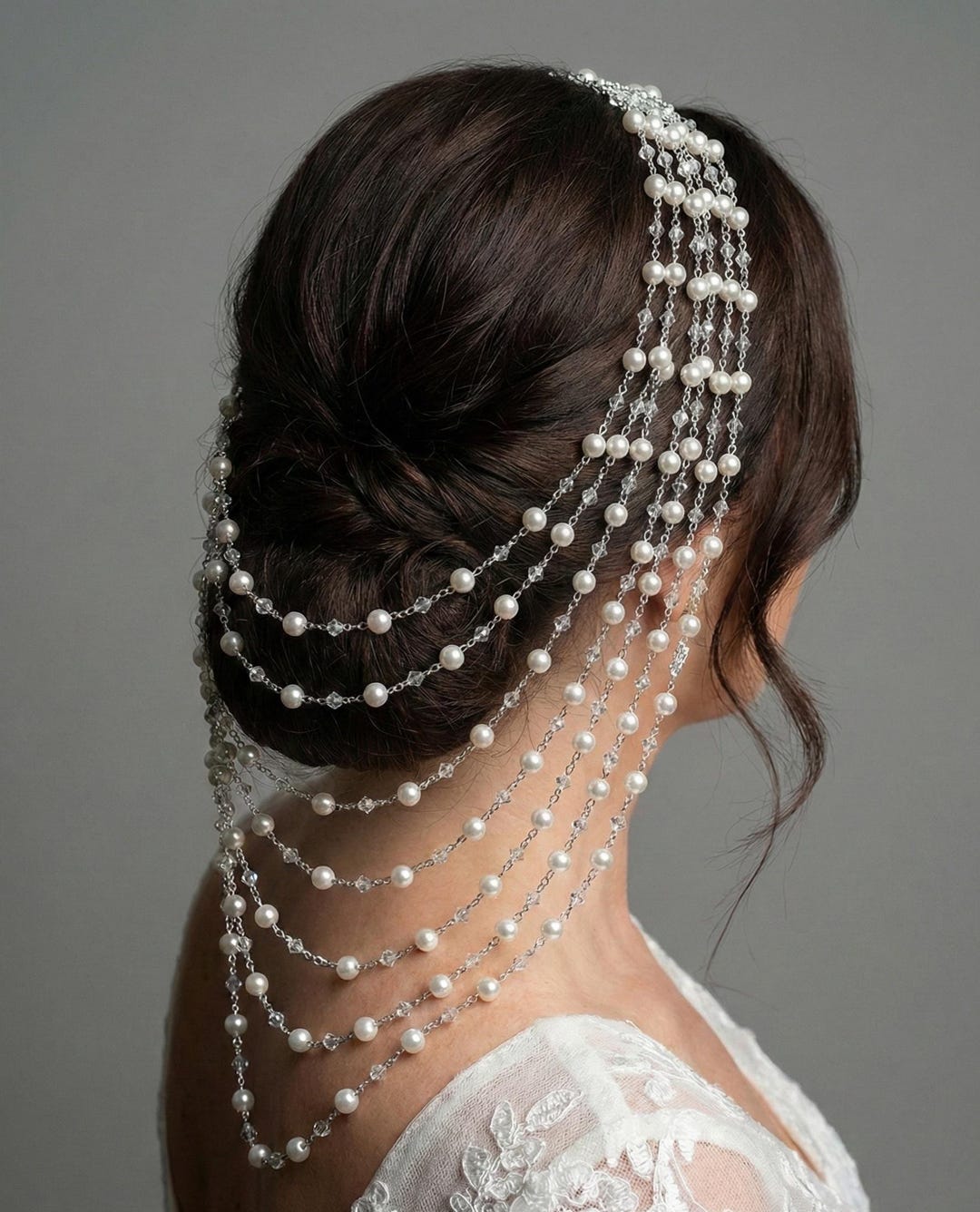 Pearl Bridal Hair Drape, Back Headpiece for Low Bun, Romantic Veil ...