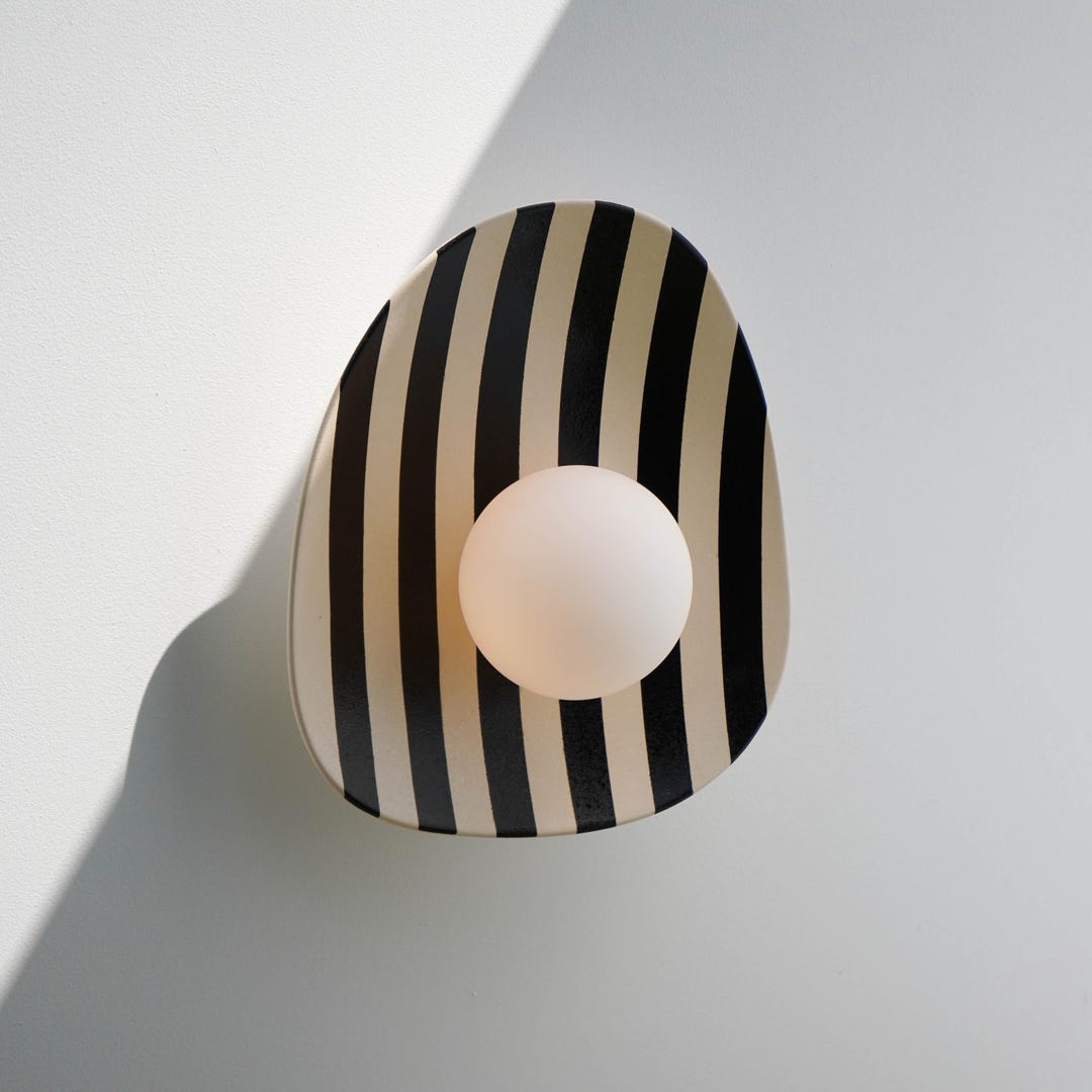 Stripy Black & White Ceramic Wall Sconce – Handmade Clay Wall Lamp ...