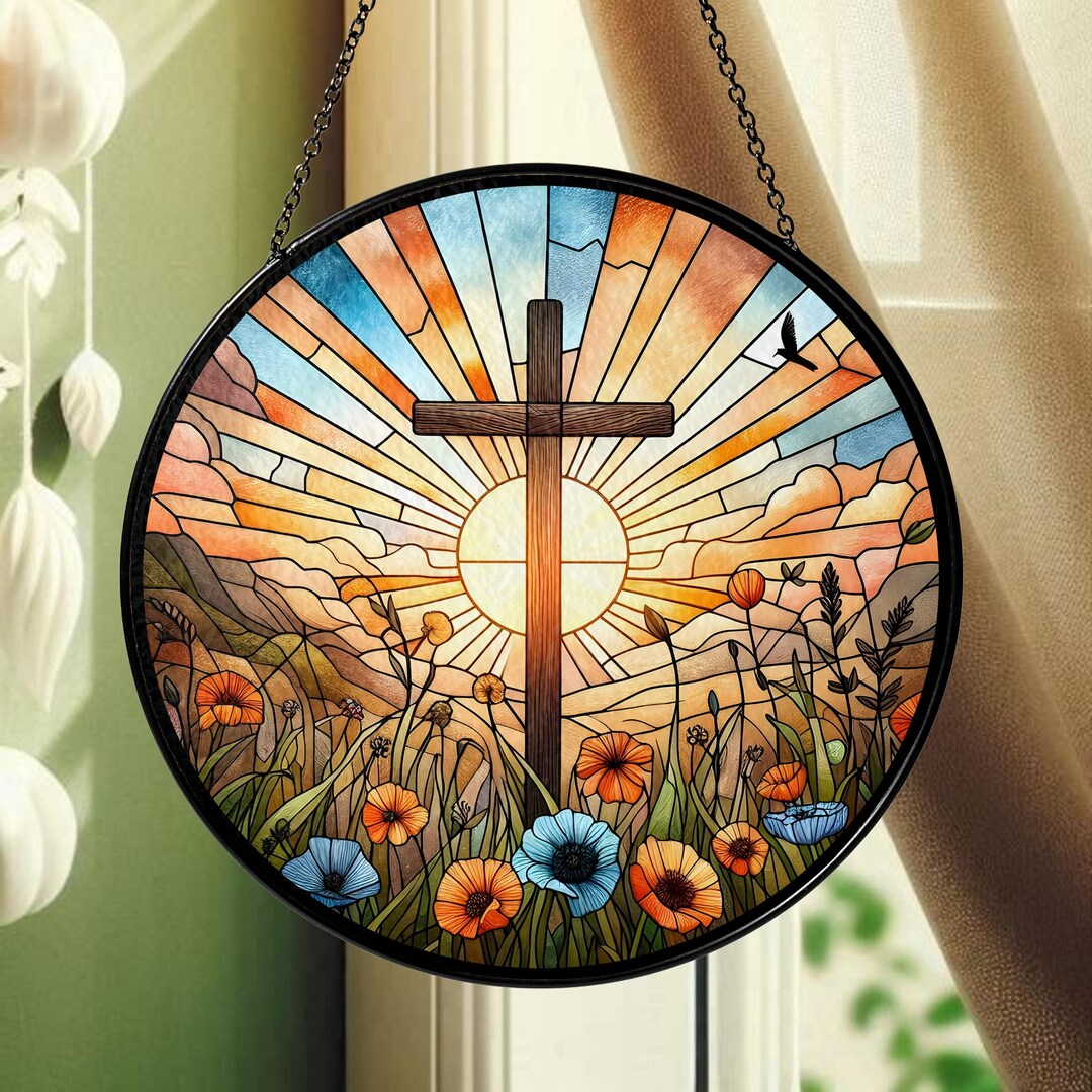 Christian Cross Stained Glass Suncatcher, Religious Home Decor ...