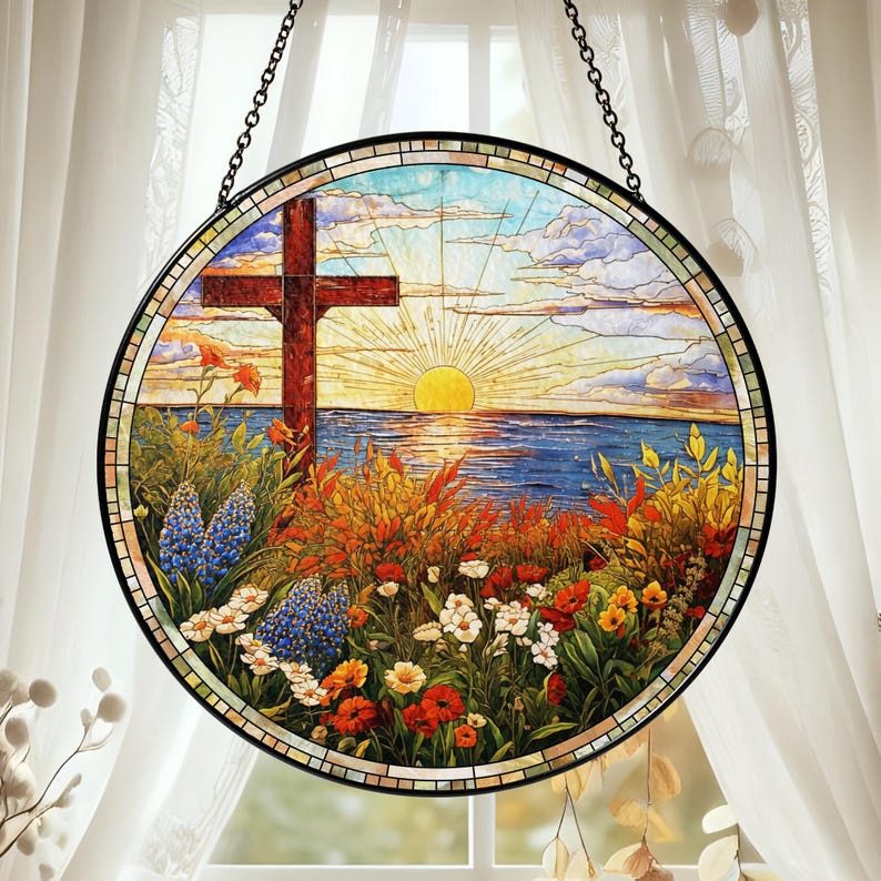 Christian Cross Stained Glass Suncatcher, Religious Home Decor ...